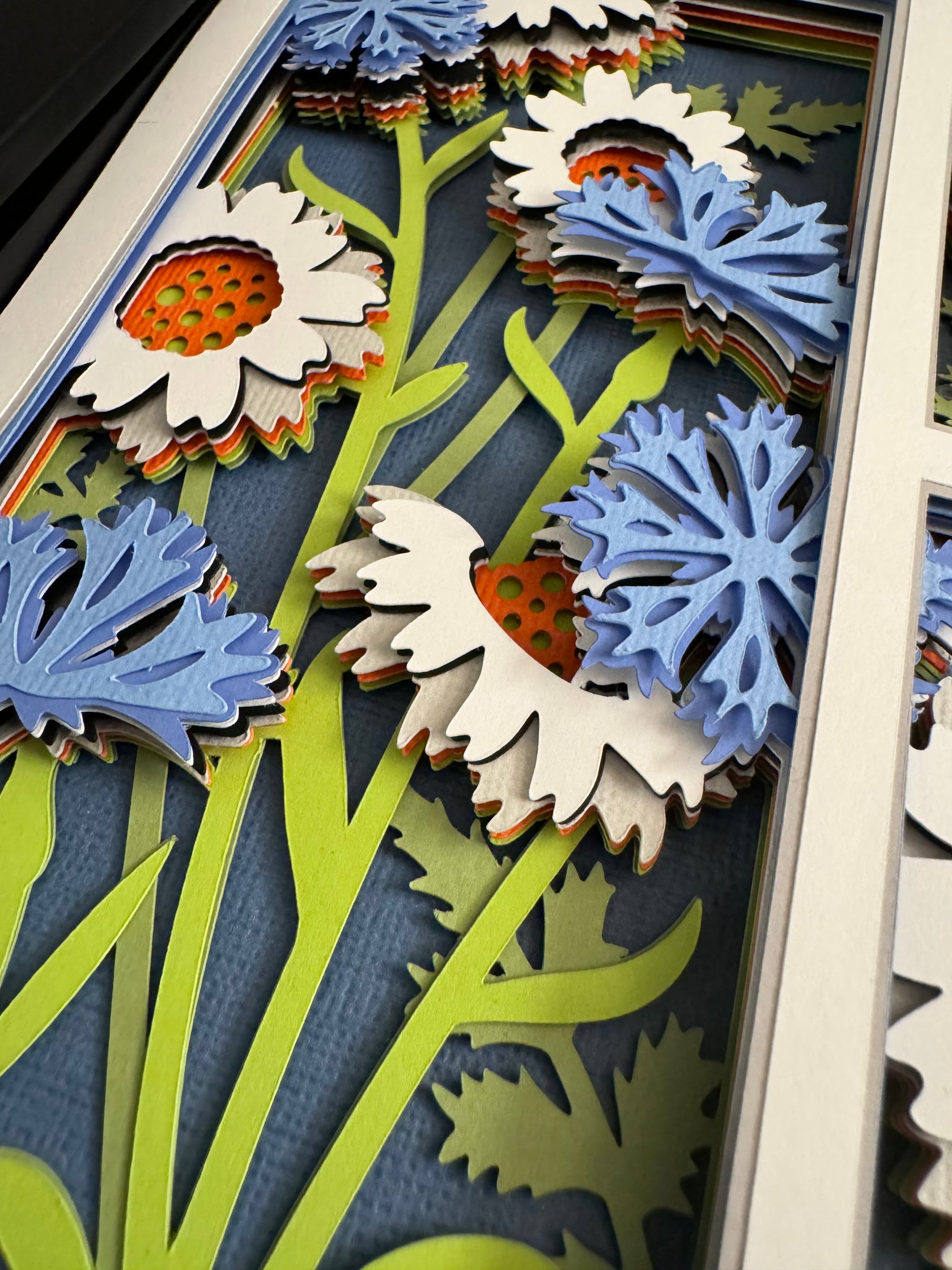 Butterfly 3 panel scene cornflower butterfly 3D paper art in a shadowb ...